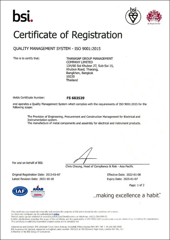 Certificate – Thanasap Group Management Co.,Ltd.